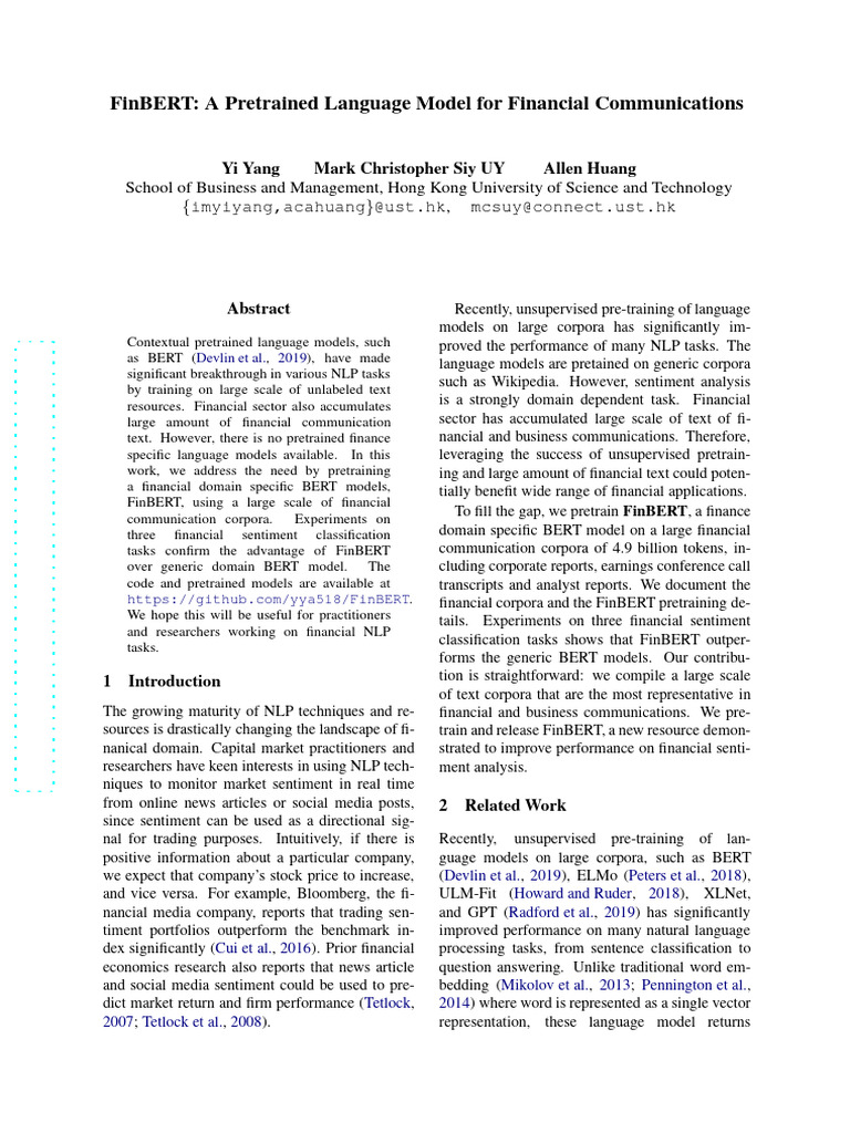 FinBERT A Pretrained Language Model For Financial Communications | PDF | Financial Analyst
