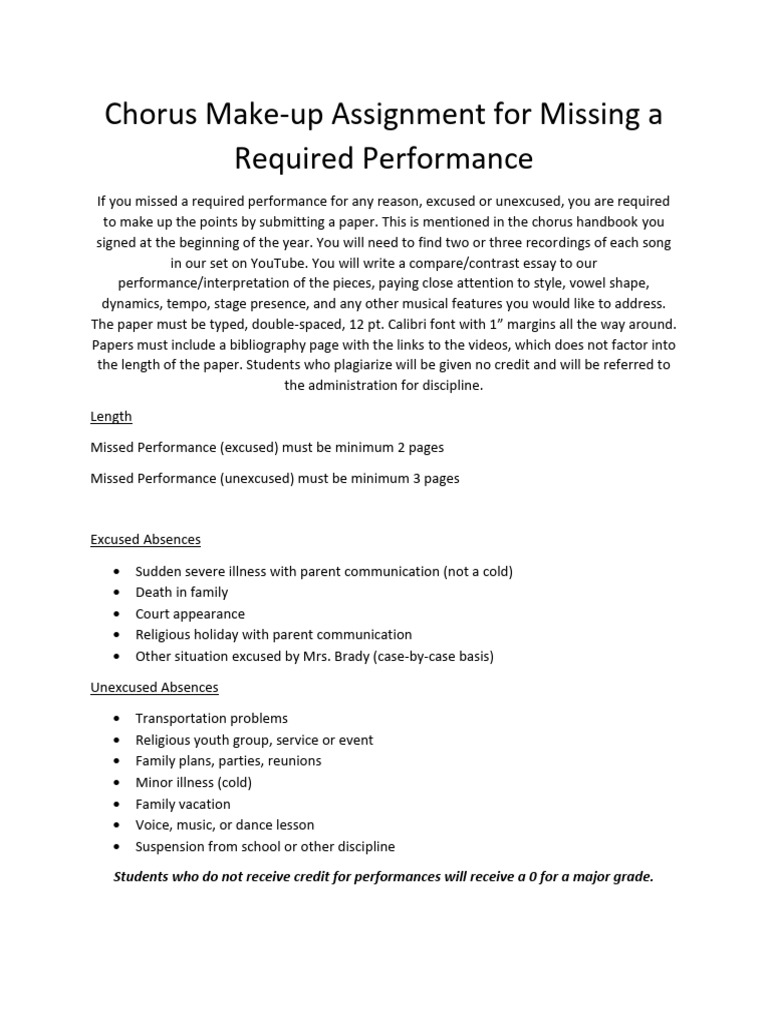 Chorus Make-up Assignment Guidelines | PDF | Art | Wellness