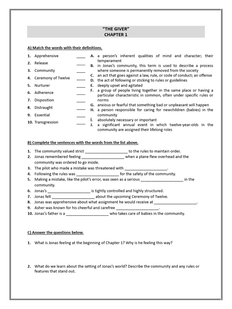 The Giver - CH.1 - WS | PDF | Social Psychology | Psychology