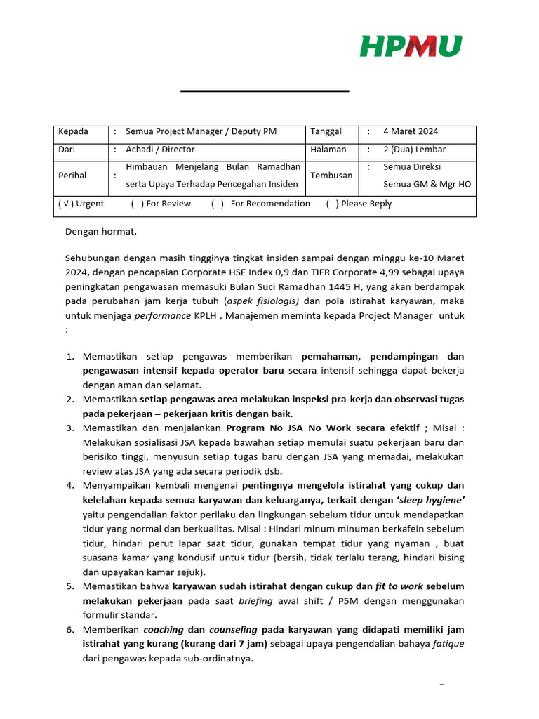 IM Himbauan Bulan Puasa Ramadhan & Pencegahan Insiden Mar 2024 Rev 01 ...