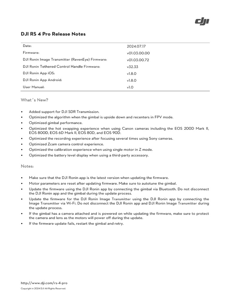 DJI_RS_4_Pro_Release_Notes_en | PDF | Canon Eos | Mobile Computers
