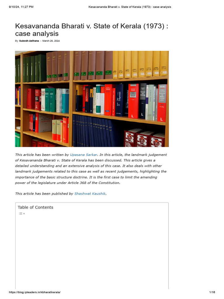 Kesavananda Bharati v. State of Kerala (1973) - Case Analysis | PDF ...