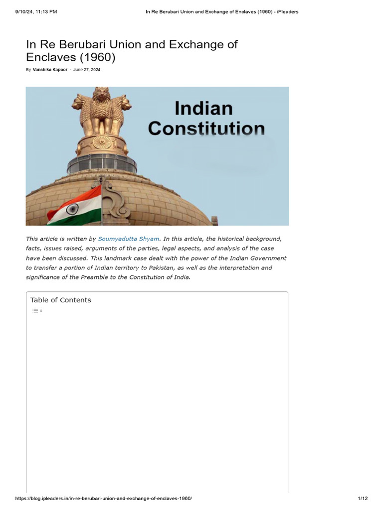 In Re Berubari Union and Exchange of Enclaves (1960) - IPleaders | PDF ...