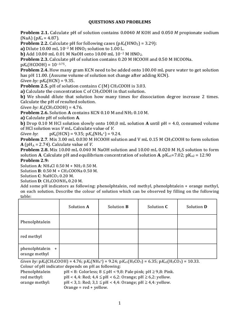 3, QUESTIONS AND PROBLEMS (Acid Base) | PDF | Acid Dissociation Constant | Ph