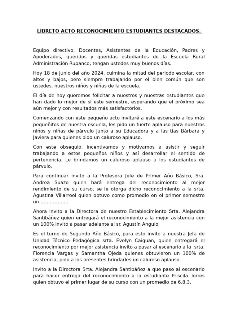 Libreto Acto Reconocimiento Estudiantes Destacados | PDF
