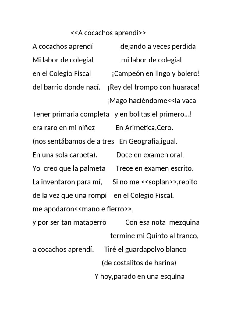 Poema "A Cocachos Aprendí" | PDF