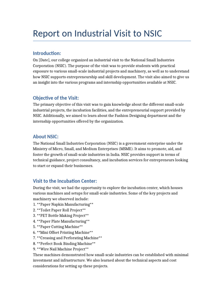 NSIC_Industrial_Visit_Report | PDF | Entrepreneurship | Economies