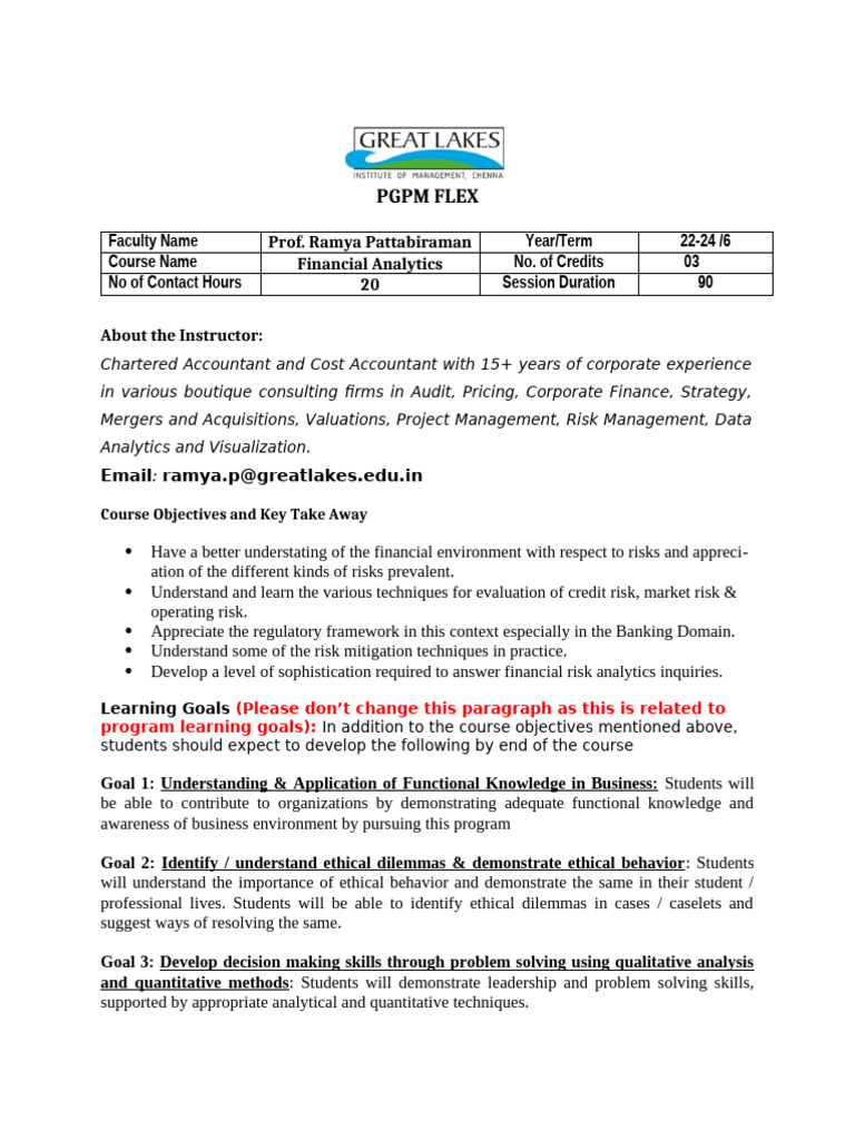 FInancial Analytics-Course Outline | PDF | Analytics | Risk