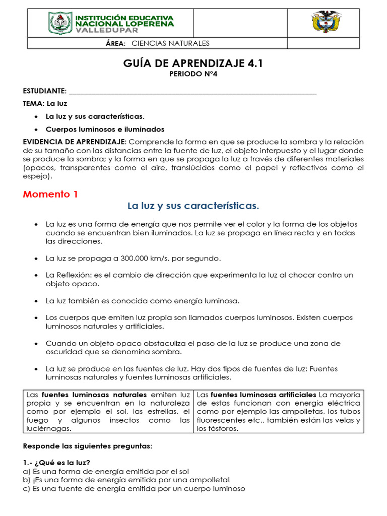 GUIA 4.1 G3°_LA LUZ Y SUS CARACTERISTICAS | PDF | Ligero | Dom