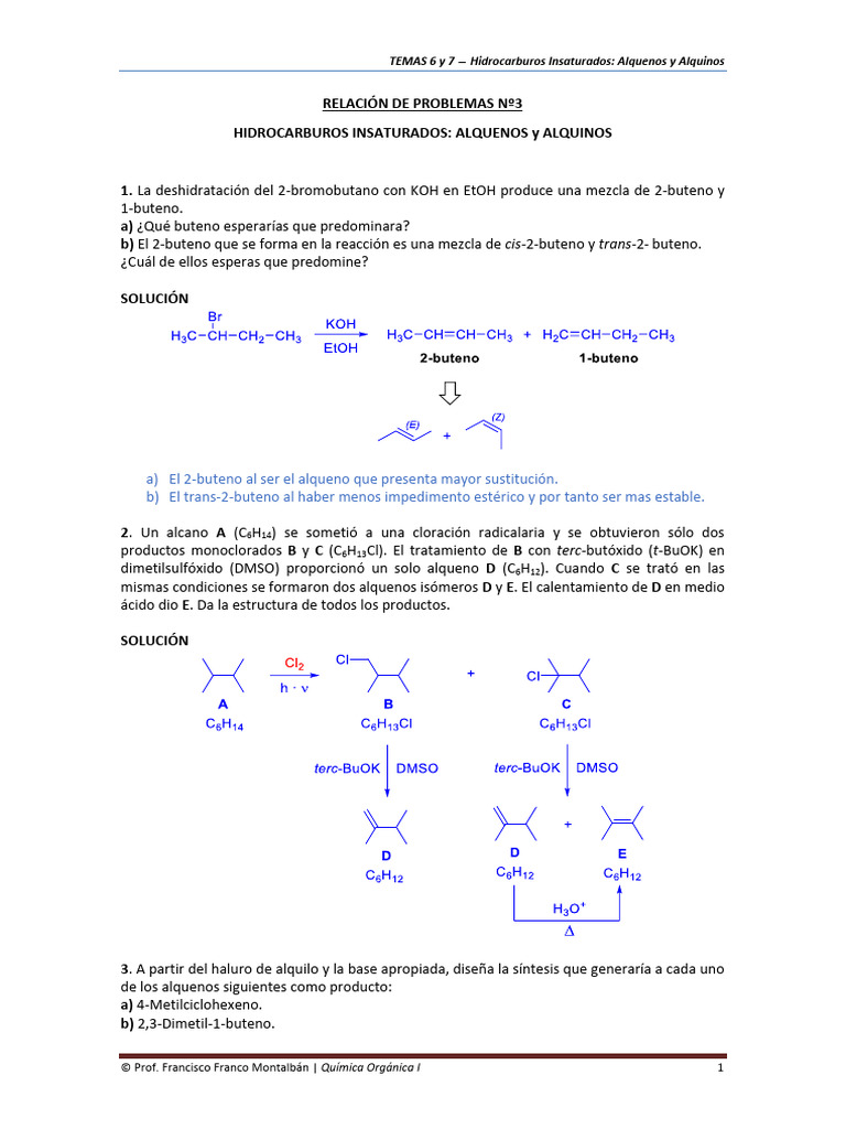 Relación 3 - Hidrocarburos Insaturados. Alquenos y Alquinos (Soluciones) (t6-7) | PDF | Alqueno ...