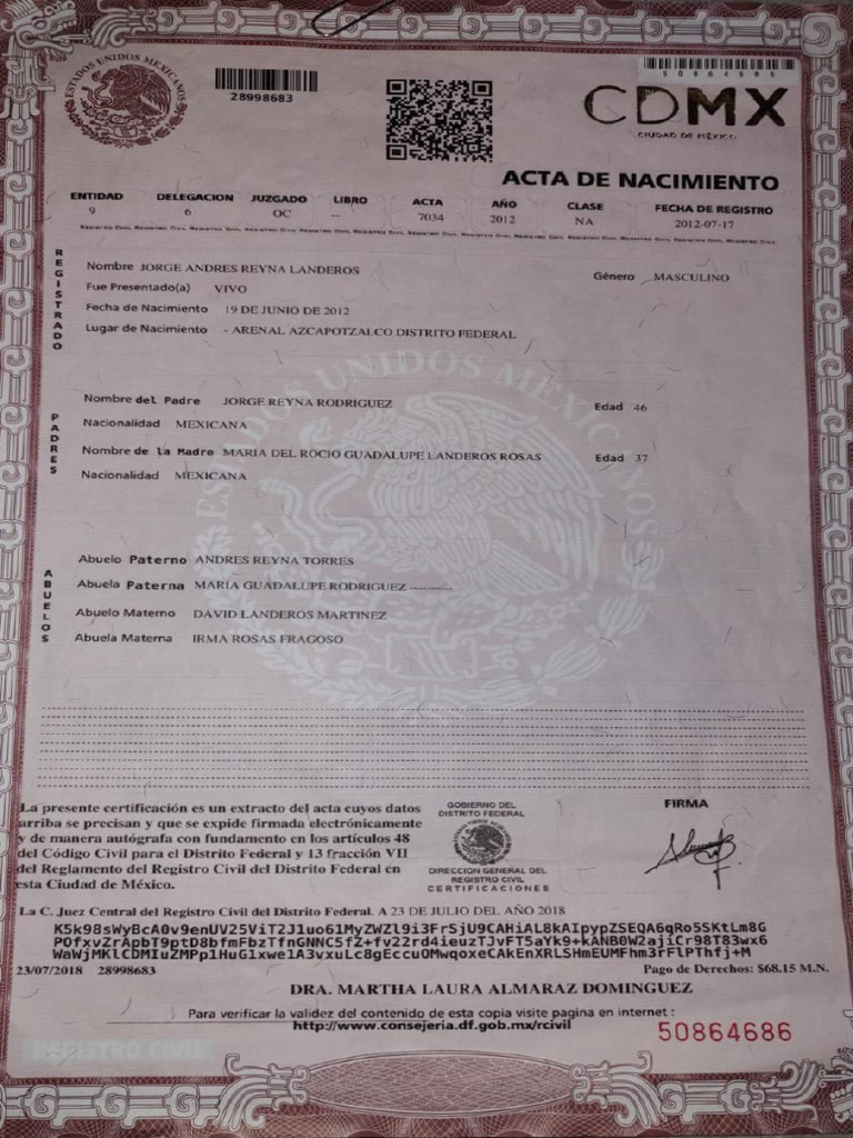 Acta de Nacimiento Andres | PDF