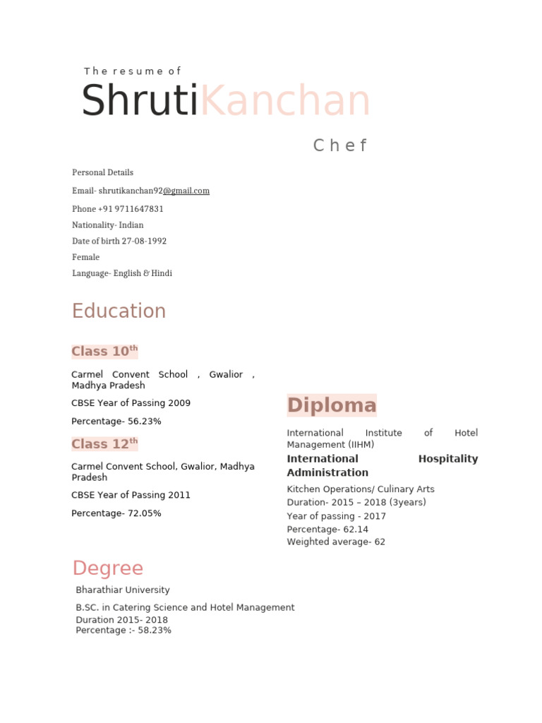 Shruti CV | PDF | Menu | Chef