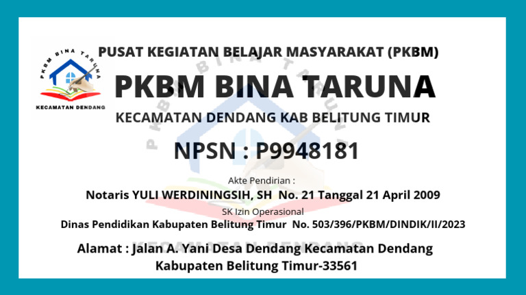 Papan Nama PKBM Bina Taruna | PDF