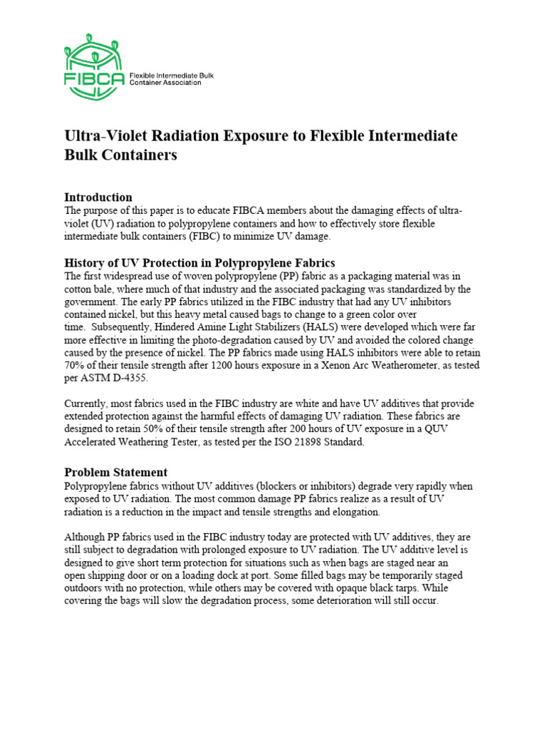 Ultra-Violet Radiation Exposure To Flexible Intermediate Bulk ...