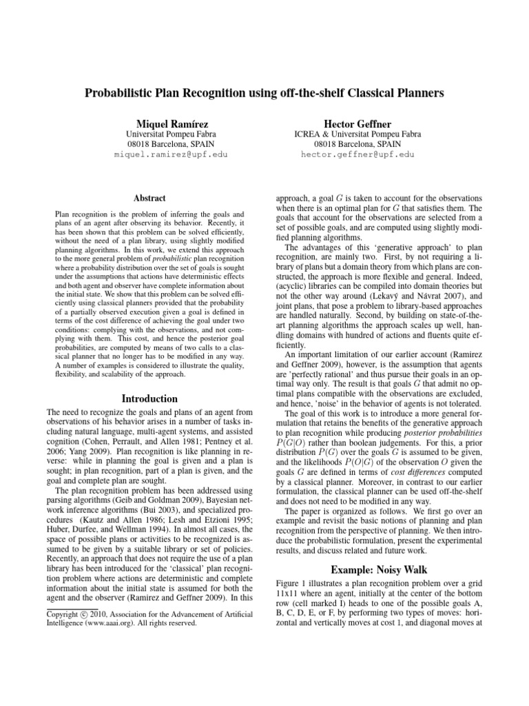 Probabilistic Plan Recognition Using Off-The-Shelf Classical Planners | PDF | Probability ...