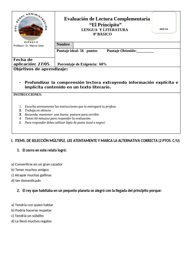 Evaluación Lectura Complementaria El Principito 8vo Básico | PDF | El Principito