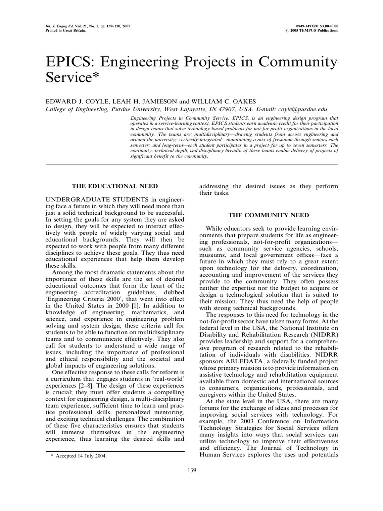 Reading #3-EPICS Engineering Projects in Community | PDF | Service ...