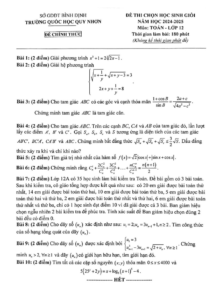 De Chon Hoc Sinh Gioi Toan 12 Nam 2024 2025 Truong Quoc Hoc Quy Nhon Binh Dinh | PDF
