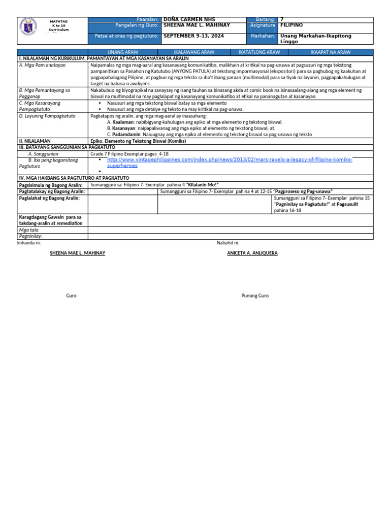 DLL Matatag Filipino7 Week7 240910231623 32884e77 | PDF