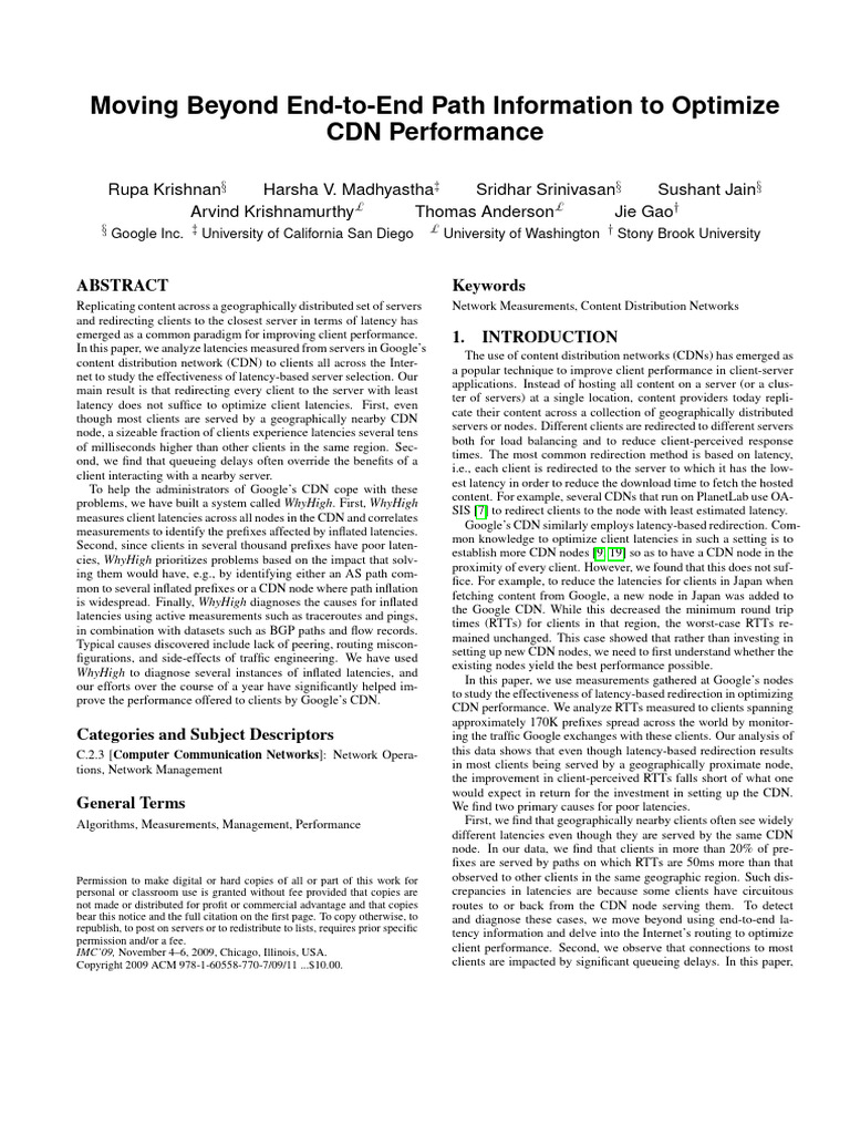 Moving Beyond End-to-End Path Information To Optimize CDN Performance | PDF | Routing ...