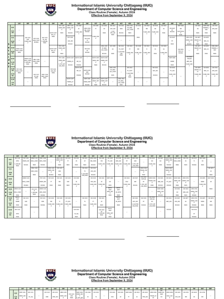 CSE Class Routine Aut24 (Female) (09092024) Final | PDF | Academia | Ranks