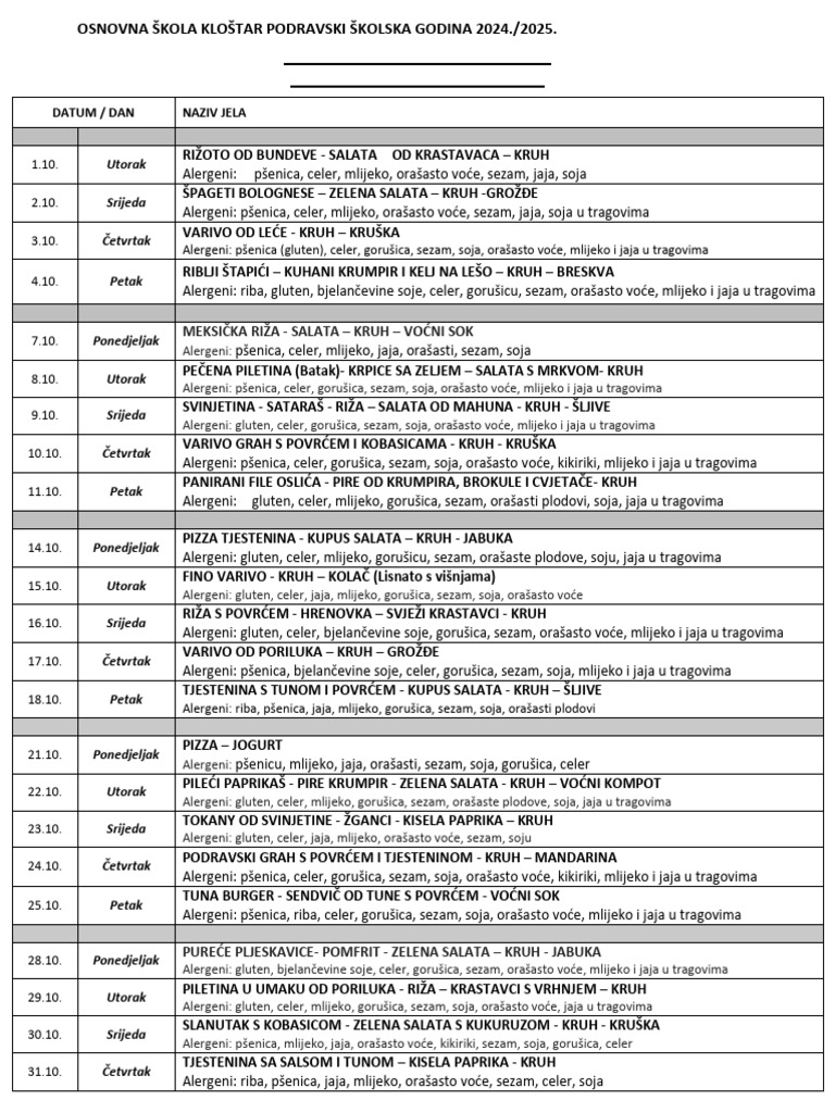 Jelovnik 24.-10. Listopad | PDF