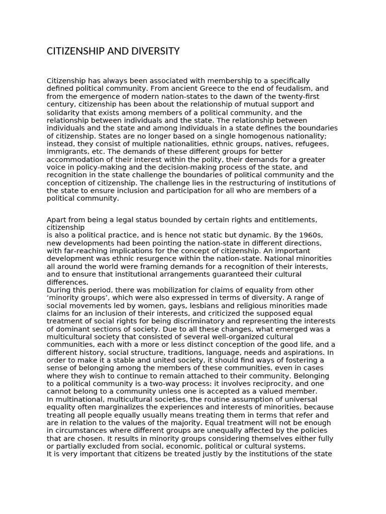 Citizenship and Diversity in Multicultural Societies | PDF ...