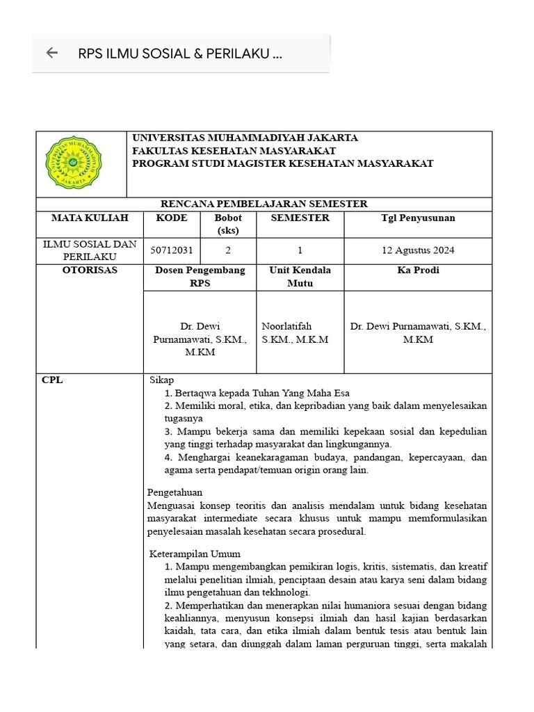 RPS Ilmu Sosial & Perilaku 2024 | PDF | Pengembangan Diri