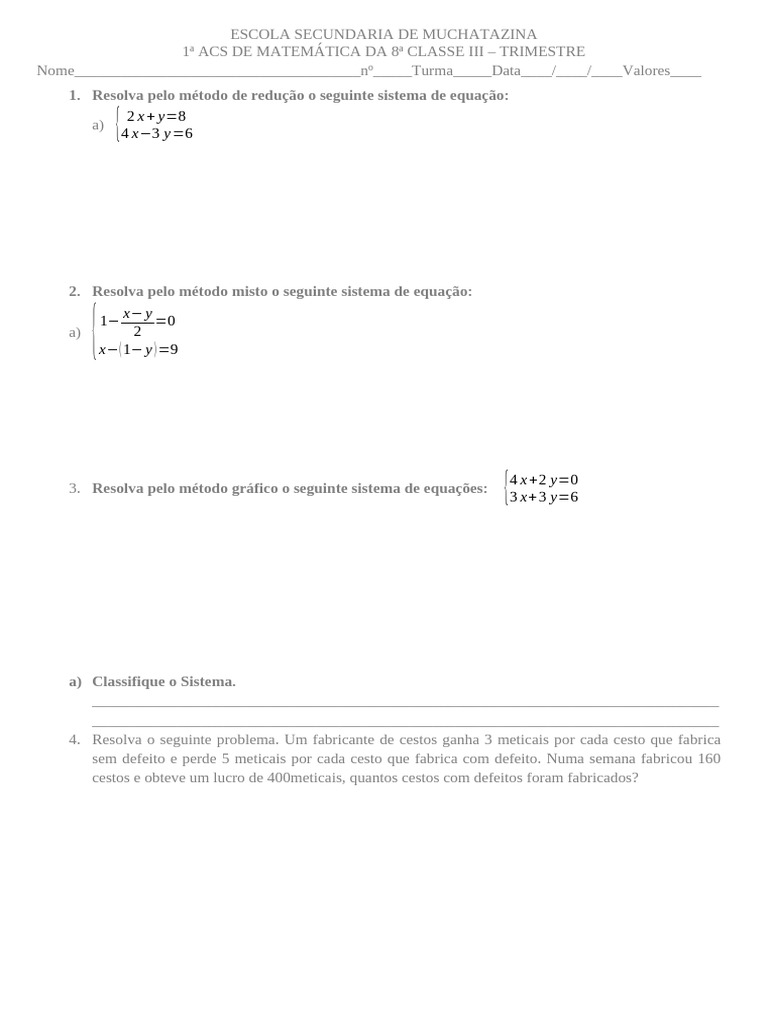 Exercícios de Matemática 8ª Classe | PDF