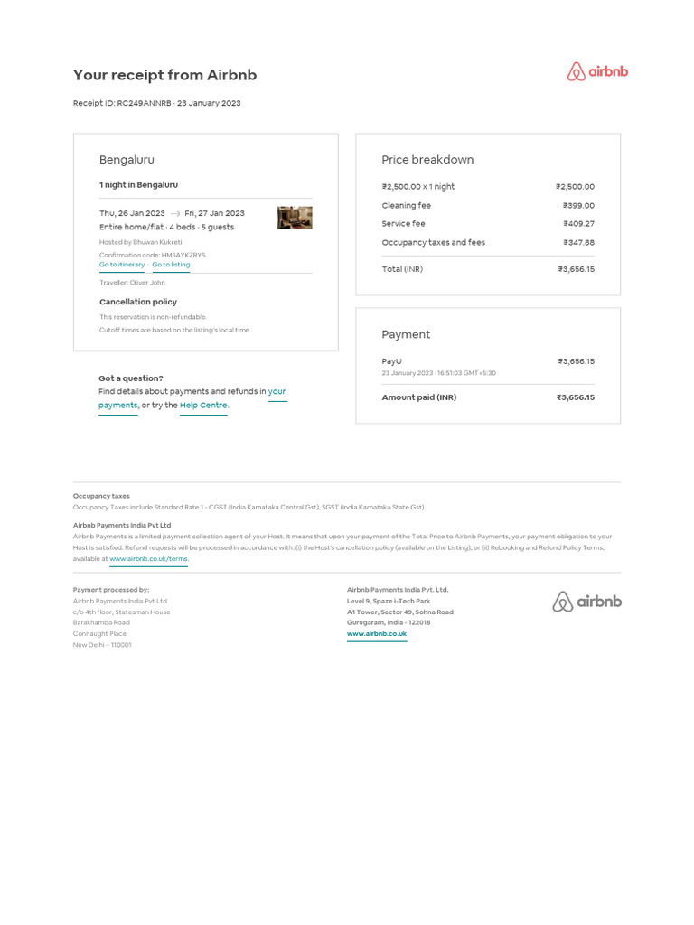 Airbnb Payment Receipt for Bengaluru Stay | PDF | Money | Taxation
