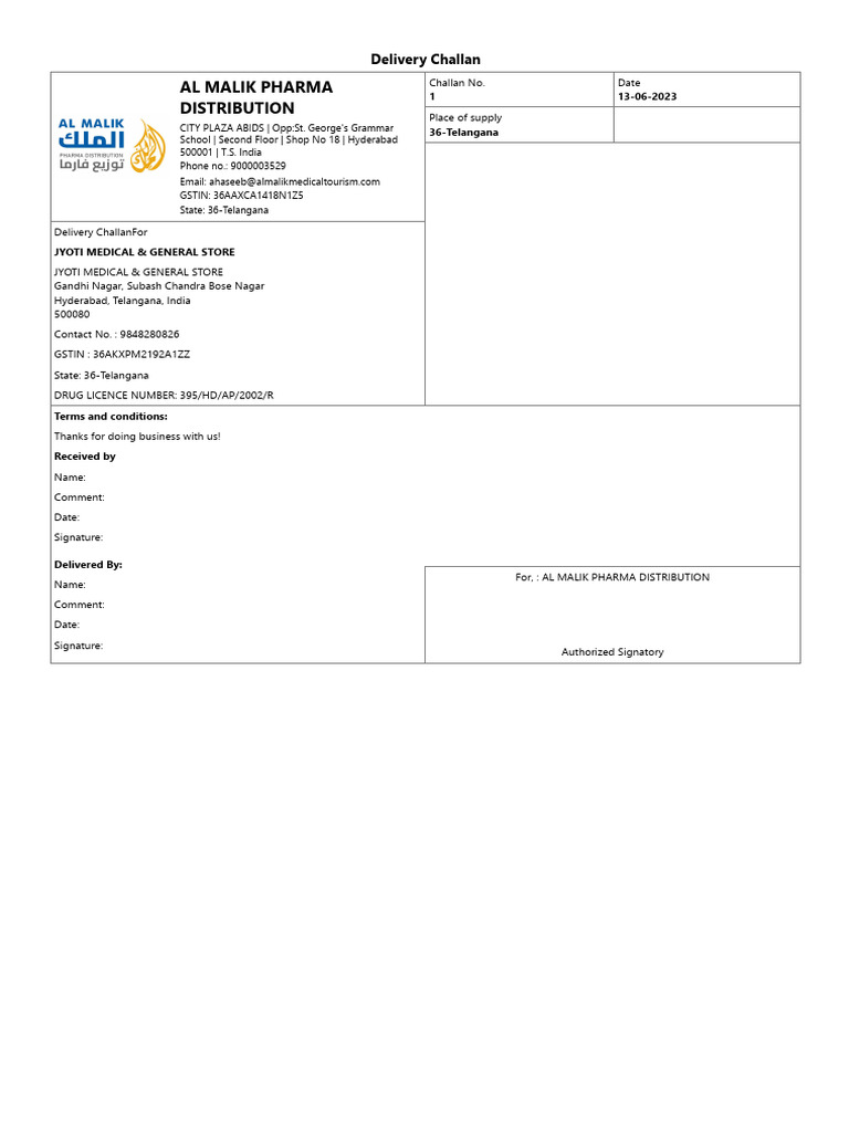 Delivery Challan - 1 - 13 - 06 - 23 | PDF