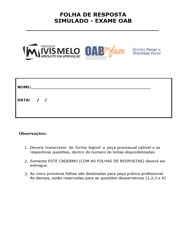 Folha de Resposta - Simulado OAB 2ª Fase | PDF