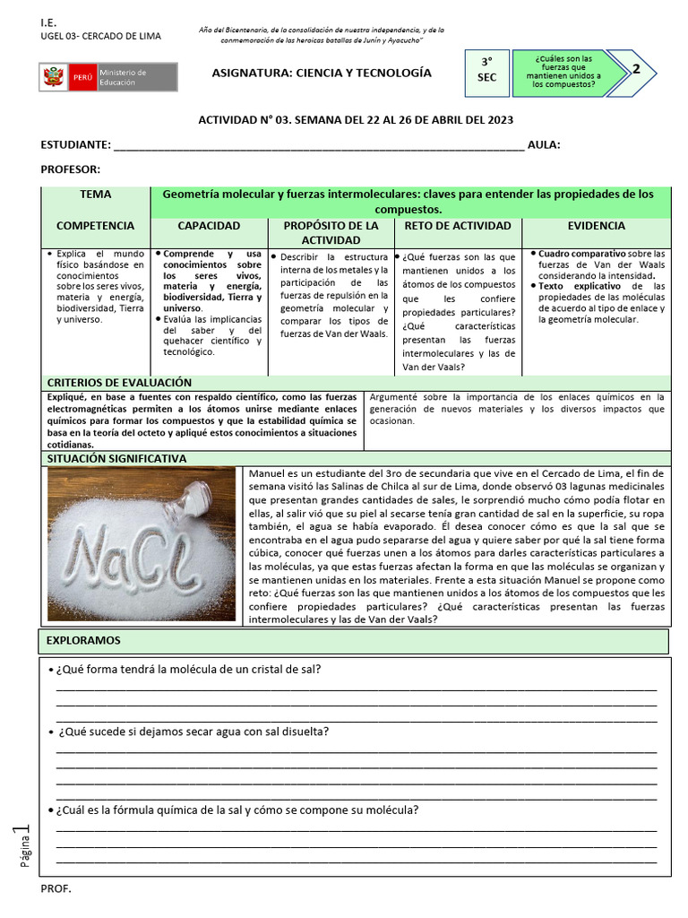 (PDF) 3°sec - UNIDAD 2 - ACTIVIDAD 3 (CyT Explica 2024) - Geometría Molecular y Fuerzas ...