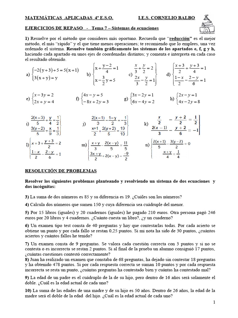 TEMA 7-Sistemas de Ecuaciones. Repaso | PDF | Ecuaciones | Conceptos matemáticos