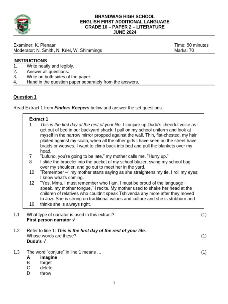 Grade 10 English Paper 2 June 2024 | PDF