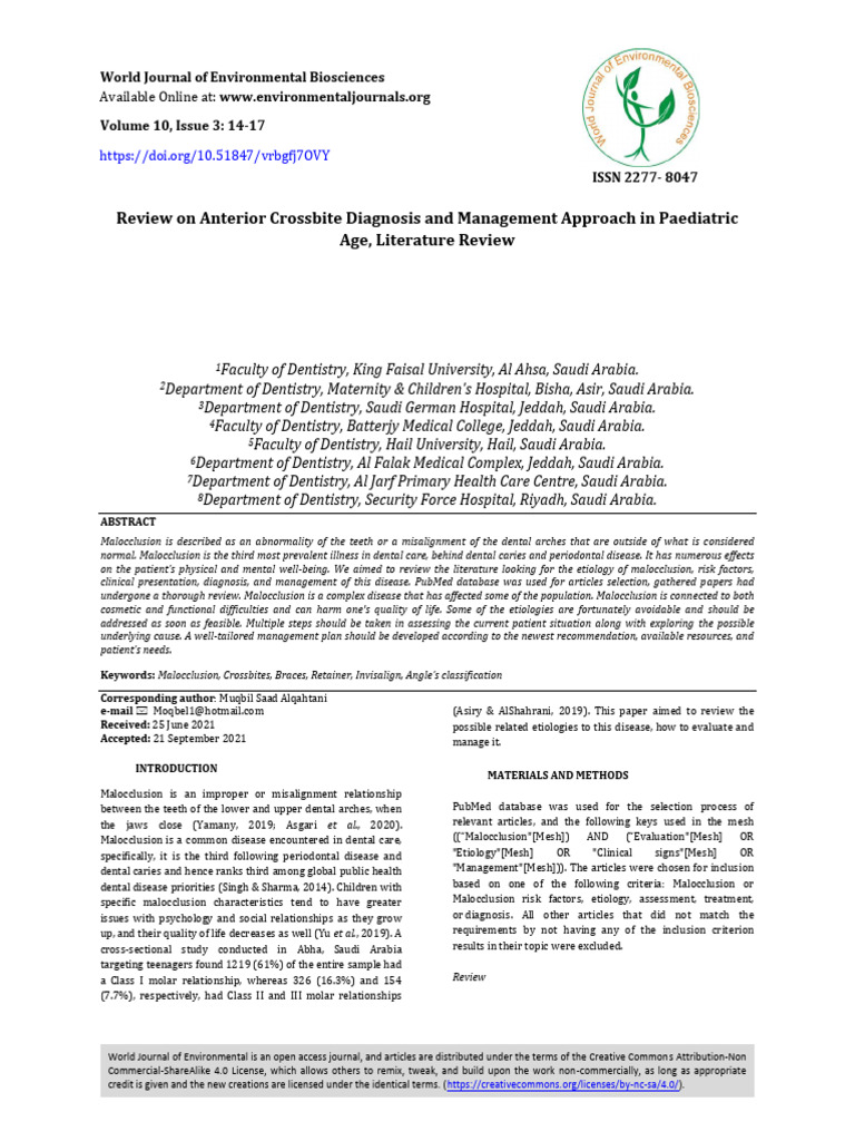 Review on Anterior Crossbite Diagnosis and Management Approach in Paediatric Age, Literature ...