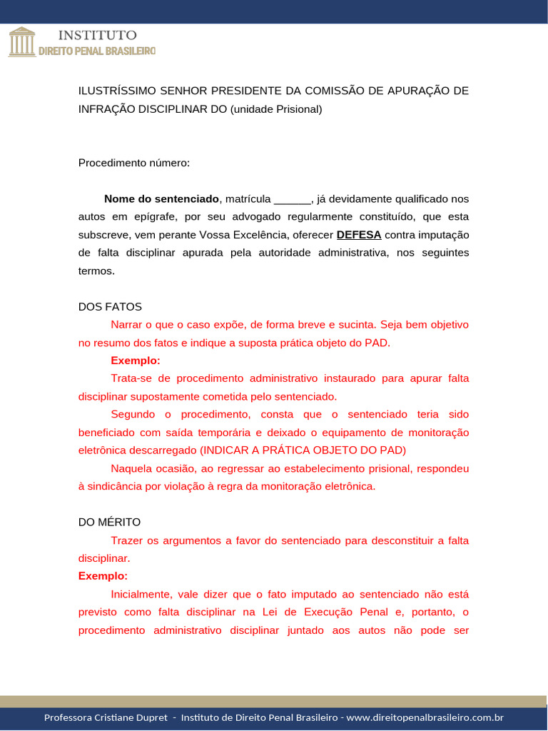 Modelo de Defesa em Proc. Adm. Instaurado para Apurar Falta Disciplinar ...