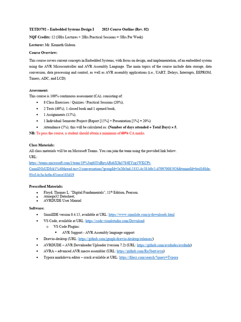 TETD3792 - Embedded Systems Design I - Course Outline | PDF | Microcontroller | Embedded System