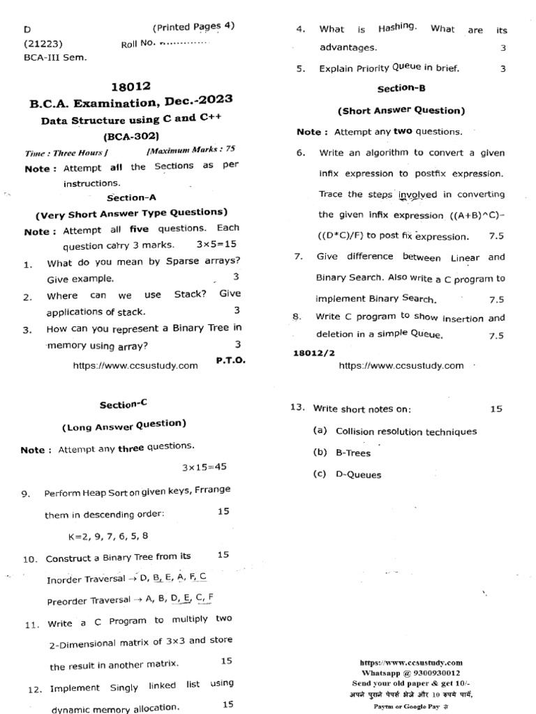 Bca 3 Sem Data Structure Using C and CPP 18012 Dec 2023 | PDF