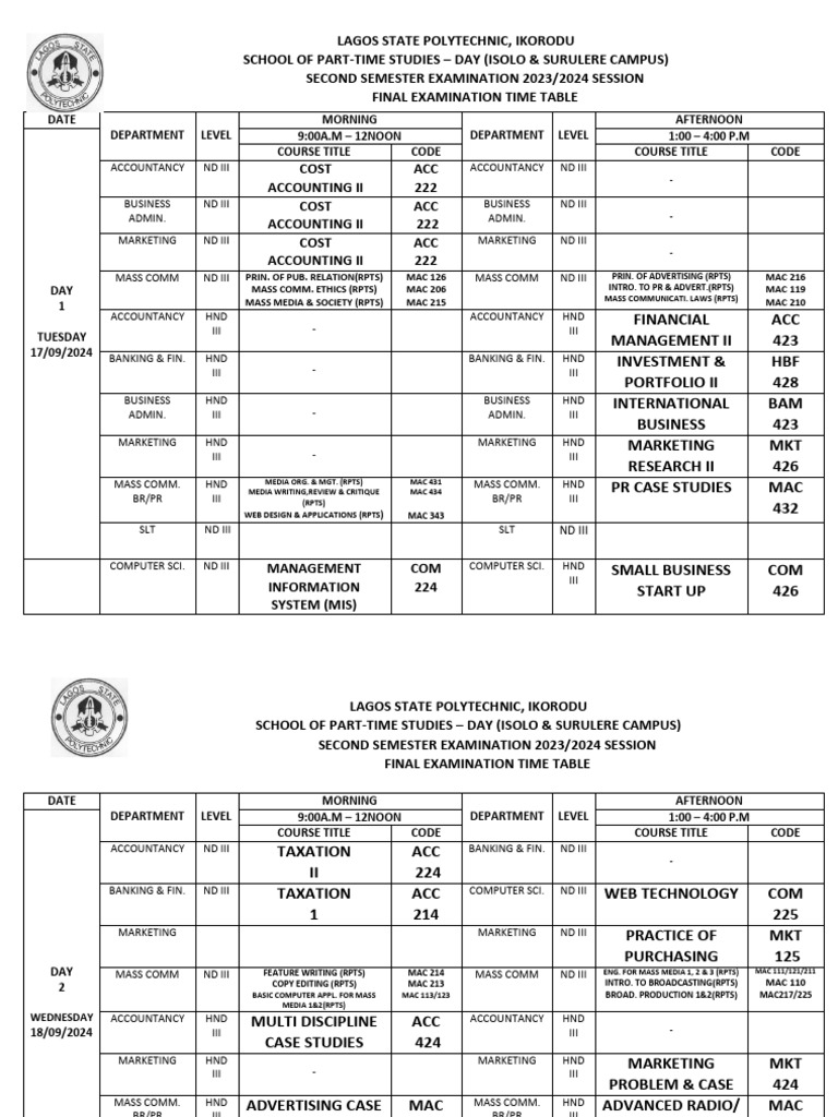 Lagos State Polytechnic Exam Timetable 2024 | PDF | Human Communication ...