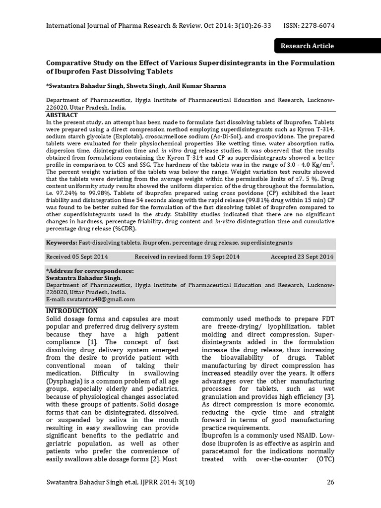 Comparative Study On The Effect of Various Superdisintegrants in The ...