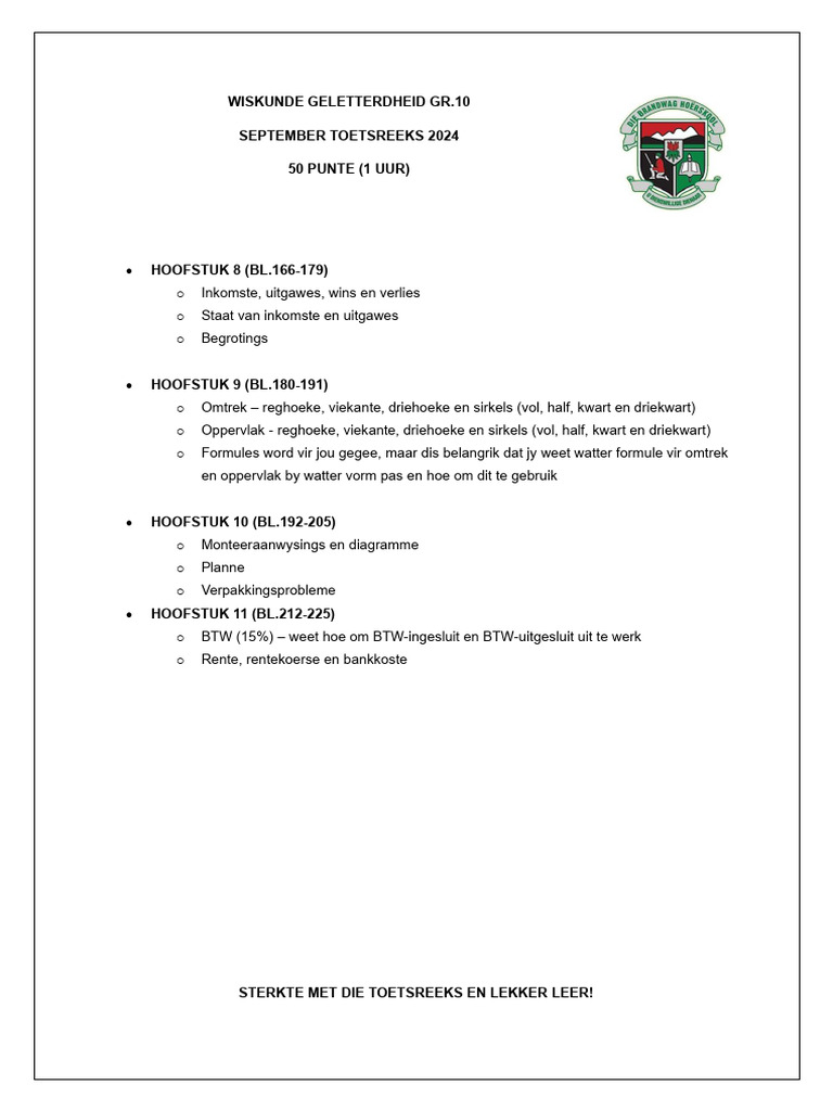 Wiskunde Geletterdheid Graad 10 Kwartaal 3 Afbakening | PDF