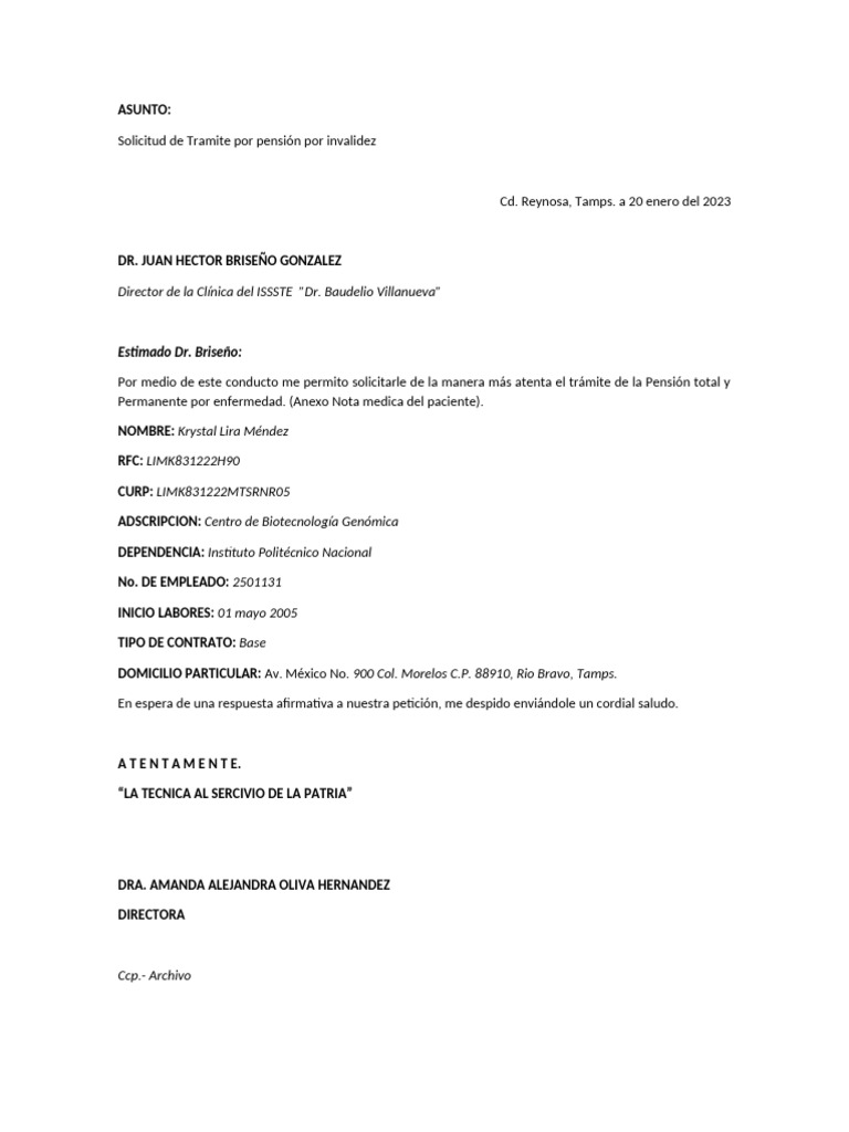 Carta ISSSTE Pension Total | PDF