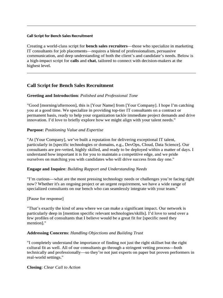 Call Script For Bench Sales Recruitment | PDF | Consultant | Recruitment
