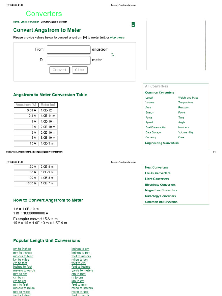 Convert Angstrom To Meter | PDF | Foot (Unit) | Yard