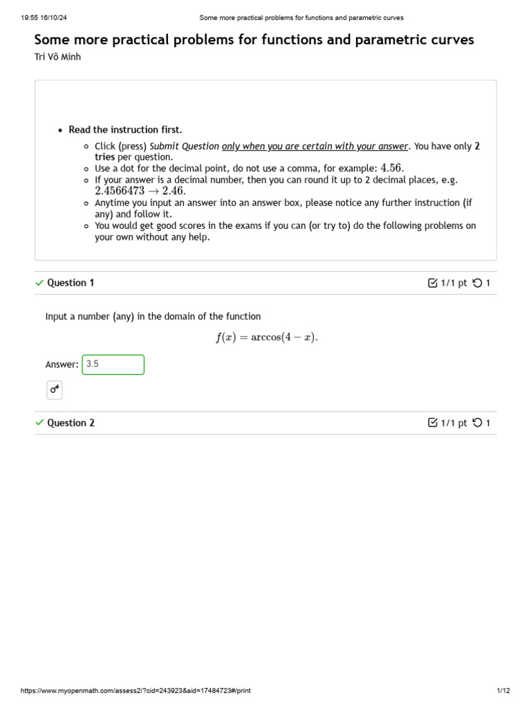 Some More Practical Problems For Functions And Parametric Curves Pdf Function Mathematics