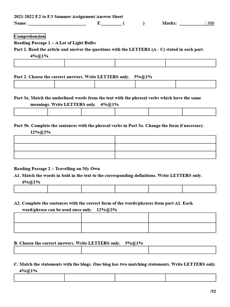 (2A) F2 English Summer Assignment - Answer Sheet (For Printing) | PDF | Perfect (Grammar) | Grammar