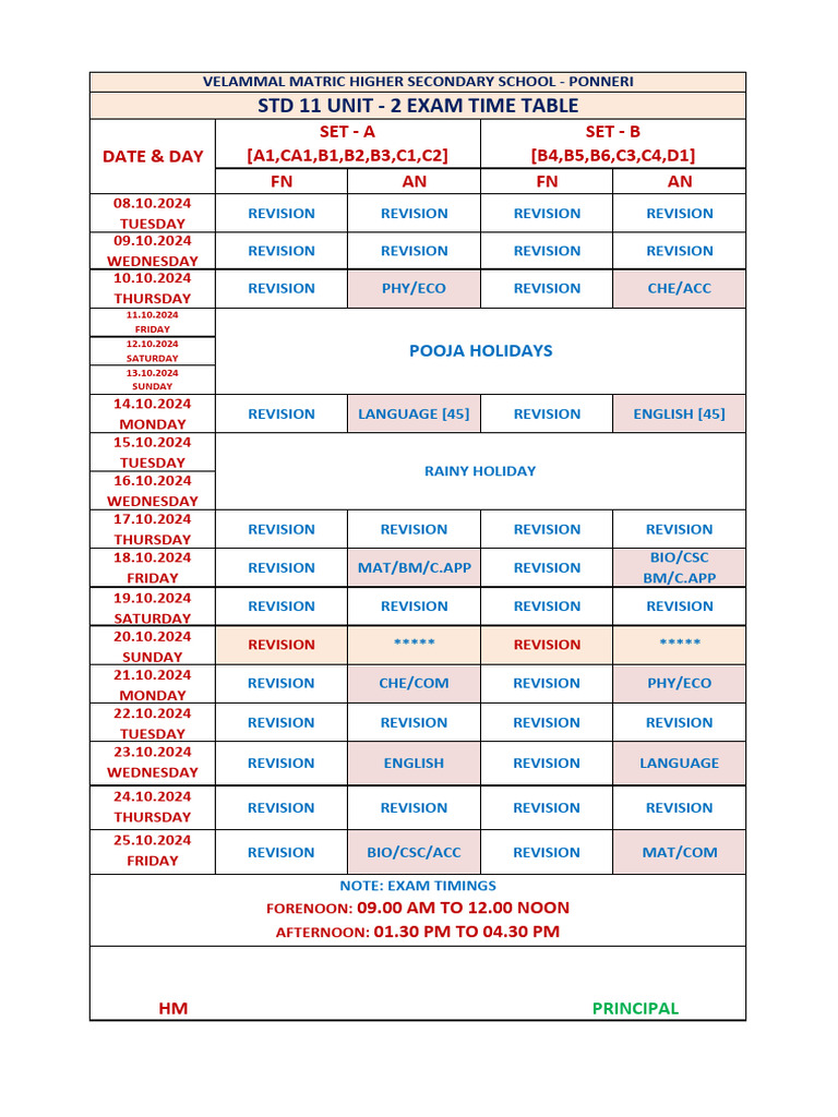 STD Xi Unit-2 Exam Time Table-1 | PDF