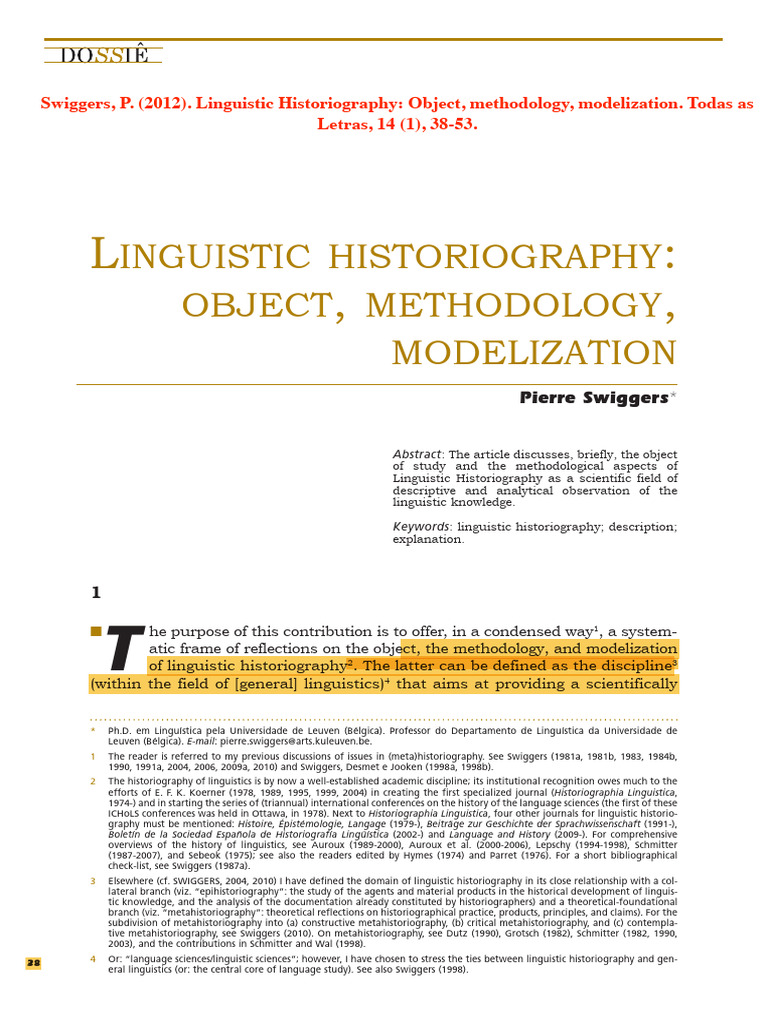 Swiggers - 2012 - Linguistic Historiography | PDF | Linguistics | Concept