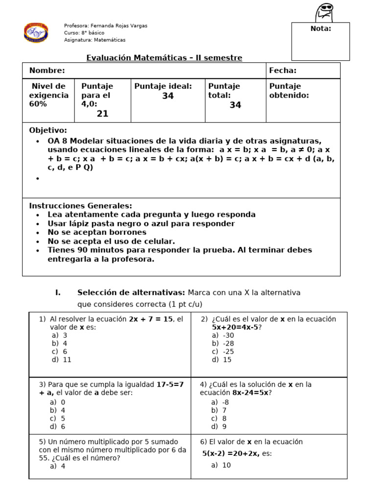 Evaluación 1 Octavo Básico Segundo Semestre | PDF | Ecuaciones ...
